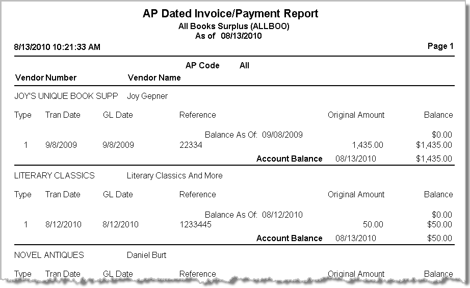 Dated Invoice/Payment Report