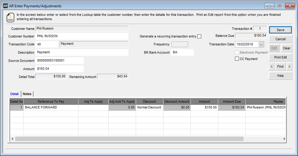 Entering Customer Transactions