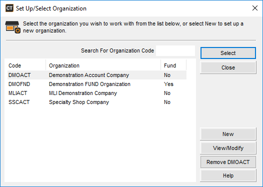Setting up or Selecting an Organization