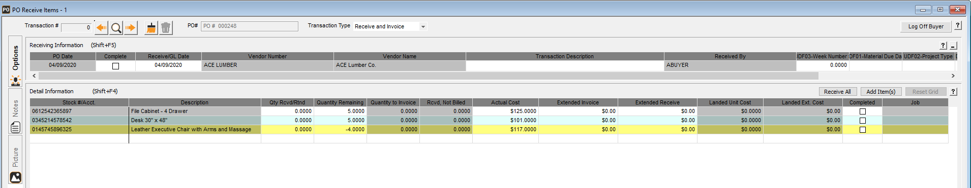Entering Returns in Purchase Order