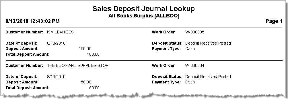 Deposit Journal Report