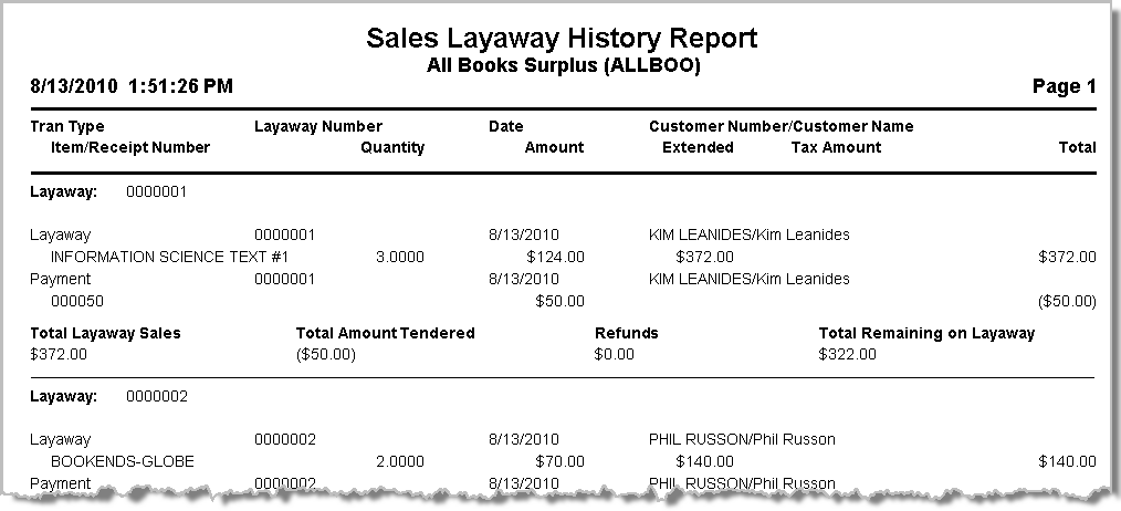 Layaway History Report