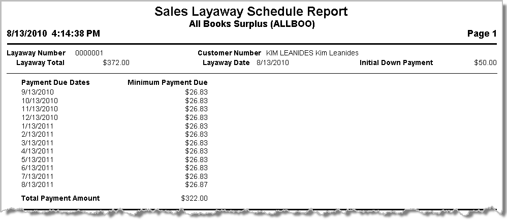 Layaway Schedule Report