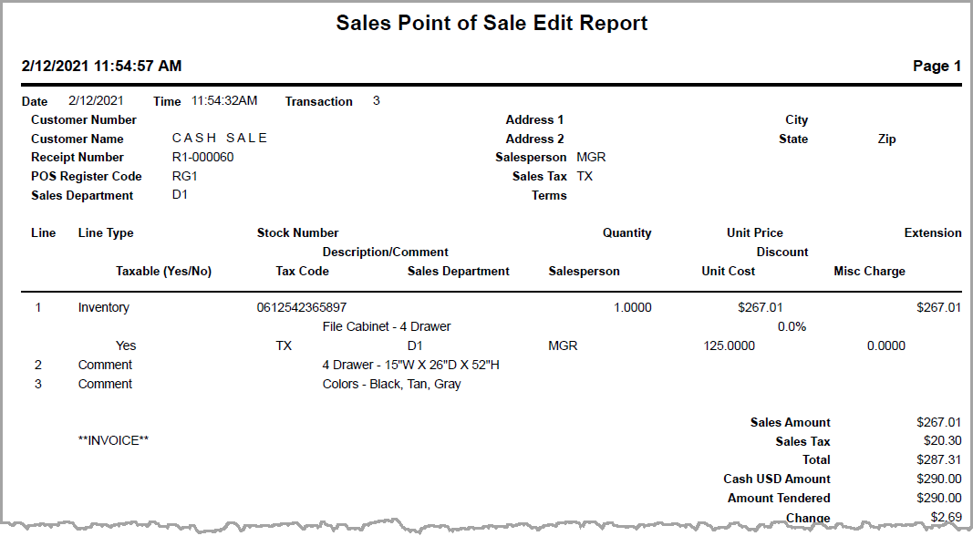 Point of Sale Edit Report